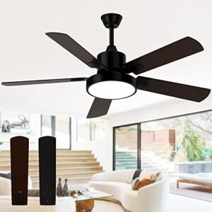 clugoj ceiling fan with light, outdoor black ceiling fan with remote, 52-inch black ceiling fan with 5 reversible walnut/black blades for patio farmhouse bedroom, matte black