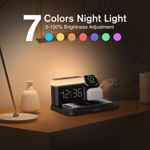 Wireless Charging Station, 5 in 1 Wireless Charger Stand with Alarm Clock, 7 Night Lights, Charging Dock for iPhone 14/13/12/11/Pro/Max/XR/XS/X/Samsung Phone, Apple Watch 8/7/6/5/SE, AirPods Pro/3/2/1