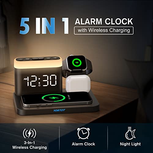 Wireless Charging Station, 5 in 1 Wireless Charger Stand with Alarm Clock, 7 Night Lights, Charging Dock for iPhone 14/13/12/11/Pro/Max/XR/XS/X/Samsung Phone, Apple Watch 8/7/6/5/SE, AirPods Pro/3/2/1