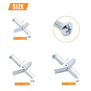 HELIFOUNER 24 Pieces Toggle Bolt and Wing Nut for Hanging Heavy Items on Drywall - 1/8 Inch, 3/16Inch, 1/4Inch