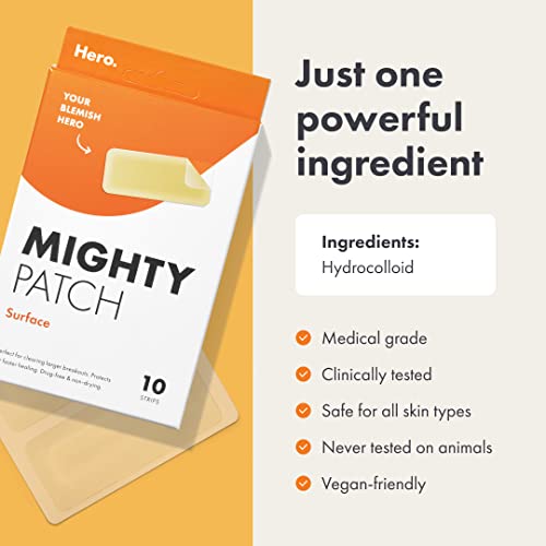 Mighty Patch Surface from Hero Cosmetics - Hydrocolloid Spot Patch for Body, Cheek, Forehead, and Chin, Vegan-friendly and Not Tested on Animals (10 Count)