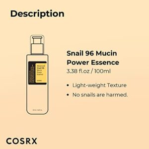 COSRX Snail Mucin 96% Power Repairing Essence 3.38 fl.oz, 100ml, Hydrating Serum for Face with Snail Secretion Filtrate for Dark Spots and Fine Lines, Not Tested on Animals, No Parabens, No Sulfates, No Phthalates, Korean Skincare