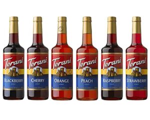 fruit bowl syrup 6 pack, raspberry, strawberry, blackberry, cherry, orange and peach