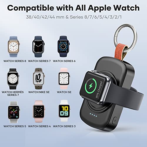 CKFN Portable Wireless Charger for Apple Watch, 1800mAh Power Bank Smart Keychain Gift with 4 LED Indicators, Magnetic iWatch Charger for Apple Watch Series 8,7,6,5,4,3,2,1,SE/Nike+/Hermes (Black)