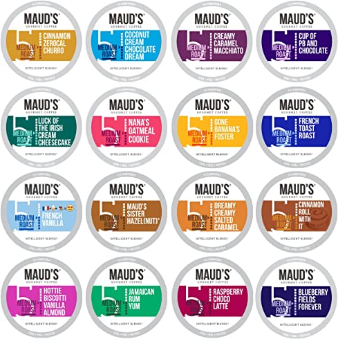 Maud's Super Flavored Coffee Variety Pack, 80ct. Solar Energy Produced Recyclable Single Serve Flavored Coffee Pods Jam-Packed with 16 Flavors - 100% Arabica Coffee California Roasted, KCup Compatible