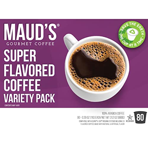 Maud's Super Flavored Coffee Variety Pack, 80ct. Solar Energy Produced Recyclable Single Serve Flavored Coffee Pods Jam-Packed with 16 Flavors - 100% Arabica Coffee California Roasted, KCup Compatible