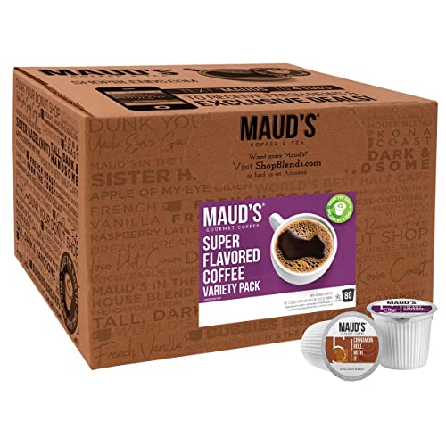 Maud's Super Flavored Coffee Variety Pack, 80ct. Solar Energy Produced Recyclable Single Serve Flavored Coffee Pods Jam-Packed with 16 Flavors - 100% Arabica Coffee California Roasted, KCup Compatible