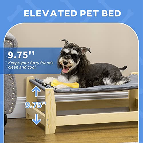 PawHut Raised Pet Bed Wooden Frame Dog Cot with Washable Cushion for Small Medium Sized Dogs Indoor Outdoor, 35.5" x 20" x 11"