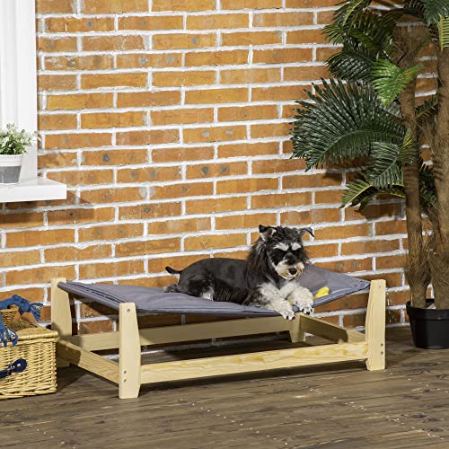 PawHut Raised Pet Bed Wooden Frame Dog Cot with Washable Cushion for Small Medium Sized Dogs Indoor Outdoor, 35.5" x 20" x 11"