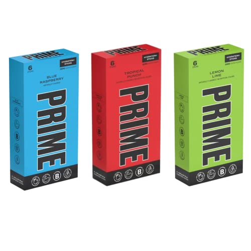 Prime Hydration Drink Mix Variety pack - Blueberry, Lemon Lime, Tropical Punch - Packaging By Obanic (18 On The Go Sticks)