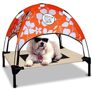 floppy dawg just chillin’ elevated dog bed. luxlife edition – premium cot includes two designer canopies. lightweight and portable, indoor or outdoor. chill in style on raised breathable mesh fabric.