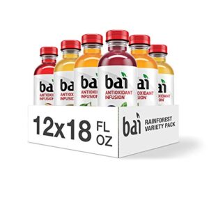 bai flavored water, rainforest variety pack, antioxidant infused drinks, 18 fluid ounce bottles, 12 count, 3 each of brasilia blueberry, costa rica clementine, malawi mango, sumatra dragonfruit