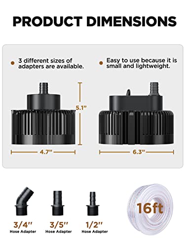 850GPH Ultra-quiet Water Pump, 75W Small Submersible Water Pump, Pool Cover Pump, Sump Pump for Pool Drainage With 16ft Drainage Hose, Upgraded 25ft Thicker Power Cable and 3 Detachable Adapters