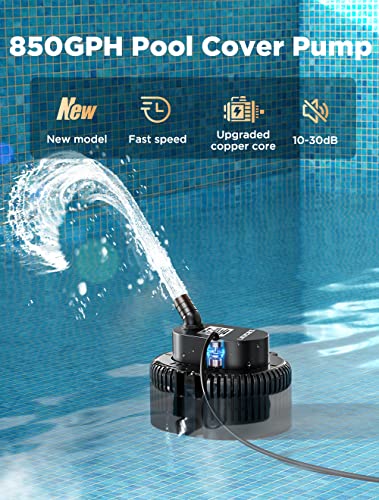 850GPH Ultra-quiet Water Pump, 75W Small Submersible Water Pump, Pool Cover Pump, Sump Pump for Pool Drainage With 16ft Drainage Hose, Upgraded 25ft Thicker Power Cable and 3 Detachable Adapters