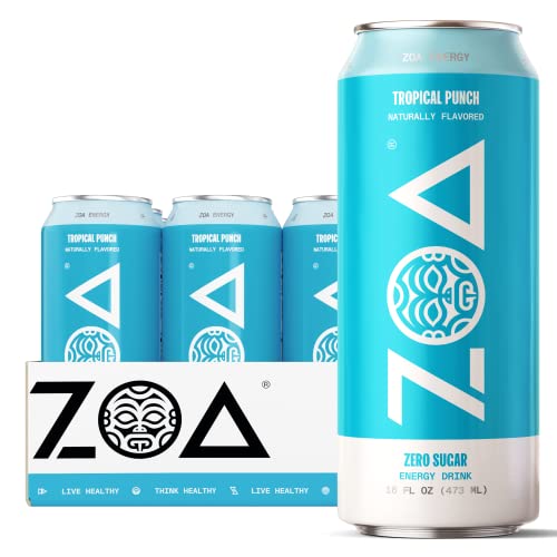 ZOA Zero Sugar Energy Drinks, Tropical Punch - Healthy B-Vitamins, Vitamin C, 210mg of Natural Caffeine - 16 Ounce (Pack of 12)