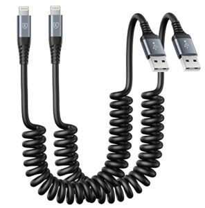 coiled lightning cable, iphone charger cable 3ft for car, 2 pack [apple mfi certified] 3 feet lightning cord compatible with iphone14/13/12/11 pro max/xs max/xr/xs/x/8/7/plus/6s ipad/ipod- black