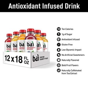 Bai Flavored Water, Safari Variety Pack, Antioxidant Infused Drinks, 18 Fluid Ounce Bottles, 12 Count, 3 Each of Brasilia Blueberry, Costa Rica Clementine, Malawi Mango, Zambia Bing Cherry,18 Fl Oz (Pack of 12)