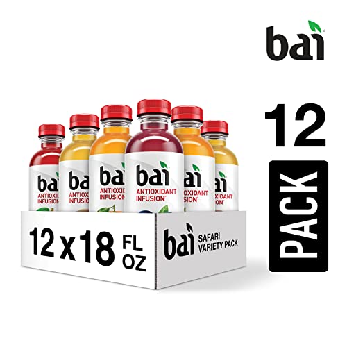 Bai Flavored Water, Safari Variety Pack, Antioxidant Infused Drinks, 18 Fluid Ounce Bottles, 12 Count, 3 Each of Brasilia Blueberry, Costa Rica Clementine, Malawi Mango, Zambia Bing Cherry,18 Fl Oz (Pack of 12)