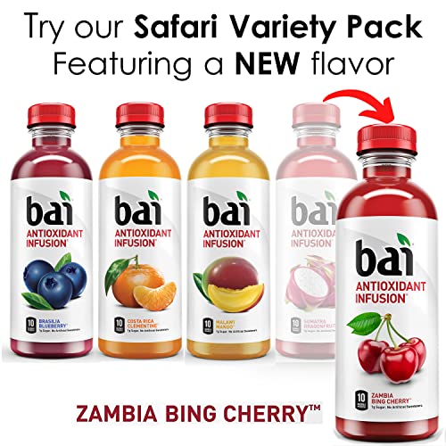 Bai Flavored Water, Safari Variety Pack, Antioxidant Infused Drinks, 18 Fluid Ounce Bottles, 12 Count, 3 Each of Brasilia Blueberry, Costa Rica Clementine, Malawi Mango, Zambia Bing Cherry,18 Fl Oz (Pack of 12)