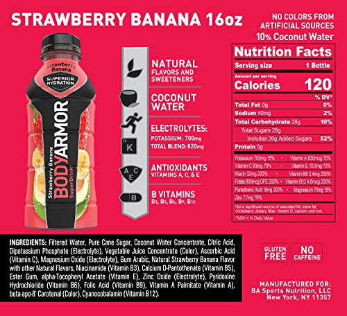 BODYARMOR Sports Drink Sports Beverage, Strawberry Banana, Natural Flavors With Vitamins, Potassium-Packed Electrolytes, Perfect For Athletes, 16 Fl Oz (Pack of 12)