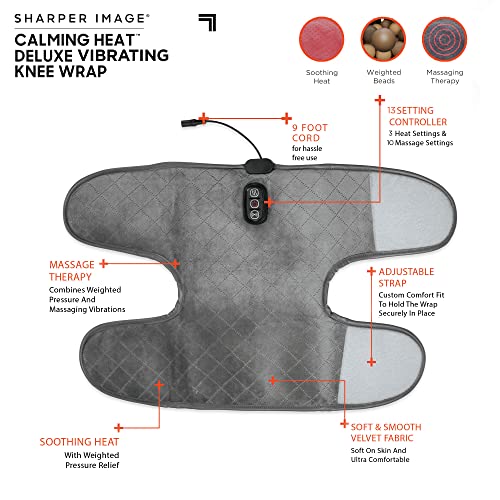 Calming Heat Knee Wrap by Sharper Image Personal Electric Knee Heating Pad Wrap with Vibrations, 2 Heat & 5 Massage Settings for 10 Relaxing Combinations, Soft to Touch Plush Fabric