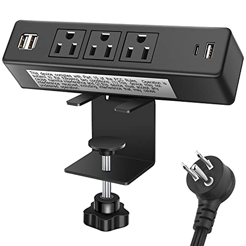 Desktop Clamp Power Strip with USB, Surge Protector Power Charging Station Outlet with 3 Plugs 3 USB A 1 USB C PD 18W Fast Charging Outlets, Desk Mount Multi-Outlets for Home Office Garage Workshop