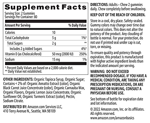 Amazon Brand - Solimo Vitamin D3 2000 IU, 160 Gummies (2 per Serving), Orange, Lemon & Strawberry