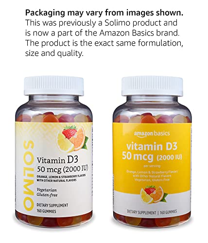 Amazon Brand - Solimo Vitamin D3 2000 IU, 160 Gummies (2 per Serving), Orange, Lemon & Strawberry