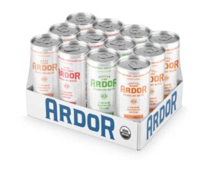 ardor energy sparkling water tropical variety 12 pack with 100mg organic caffeine from green tea & 200mg organic l-theanine (focus & calm). no sugar. no calories. vegan. gluten free.