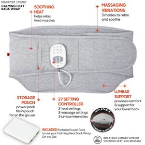 Calming Heat Back Wrap by Sharper Image- Cordless Electric Back Heating Pad, Inflatable Lumbar, Soothing Heat & Vibrations- 9 Settings 3 Heat, 3 Vibration, 3 Lumbar Includes Portable Power Pack