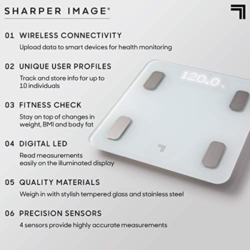 SHARPER IMAGE Digital Bathroom Smart Scale, Wireless Bluetooth Connectivity, Companion App Tracks Weight, Body Fat & BMI, Android & iOS Compatible, 10 User Health Profiles, Accurate Precision Sensors