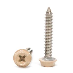 50 Piece #8 x 1 in. Stainless Steel Sheet Metal Screws, Tan Hex Washer Head Phillips Self Tapping Metal Screws in Convenient & Reusable Boxes