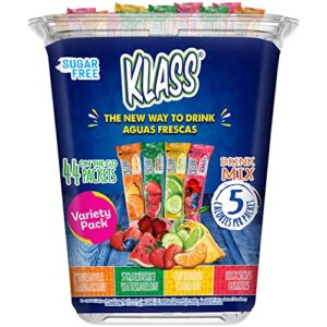 klass aguas frescas, variety pack, sugar free drink mix, fruit variety packets, on-the-go! powdered drink mix (44 count powder stick packs) 5 calories per packet- shake it up! the new way to drink aguas frescas.