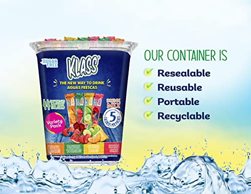 Klass Aguas Frescas, Variety Pack, Sugar Free Drink Mix, Fruit Variety Packets, On-The-Go! Powdered Drink Mix (44 Count Powder Stick Packs) 5 Calories Per Packet- Shake it up! The new way to drink Aguas Frescas.