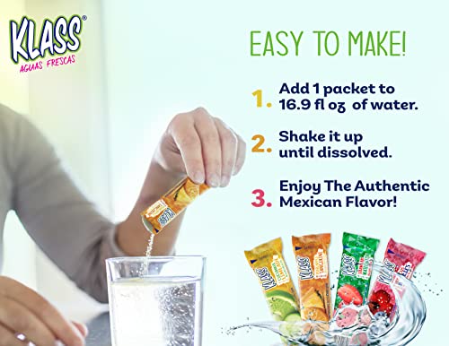 Klass Aguas Frescas, Variety Pack, Sugar Free Drink Mix, Fruit Variety Packets, On-The-Go! Powdered Drink Mix (44 Count Powder Stick Packs) 5 Calories Per Packet- Shake it up! The new way to drink Aguas Frescas.