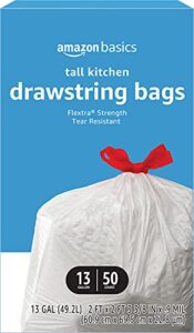 amazon basics flextra tall kitchen drawstring trash bags, 13 gallon, 50 count