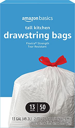 Amazon Basics Flextra Tall Kitchen Drawstring Trash Bags, 13 Gallon, 50 Count