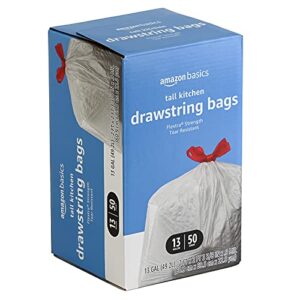 Amazon Basics Flextra Tall Kitchen Drawstring Trash Bags, 13 Gallon, 50 Count