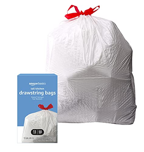 Amazon Basics Flextra Tall Kitchen Drawstring Trash Bags, 13 Gallon, 50 Count