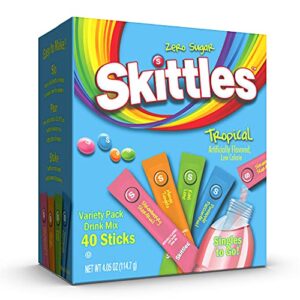 skittles singles to go tropical flavors variety pack, powdered drink mix, includes 4 flavors, strawberry starfruit, mango tangelo, kiwi lime, pineapple passionfruit, 40 count