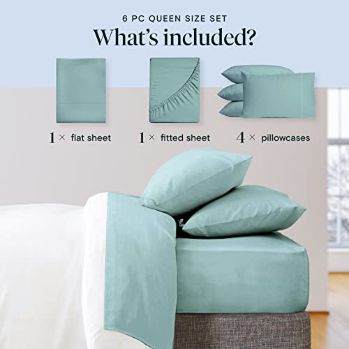 LuxClub 6 PC Sheet Set Sheets Deep Pockets 18" Eco Friendly Wrinkle Free Sheets Machine Washable Hotel Bedding Silky Soft - Light Teal Queen