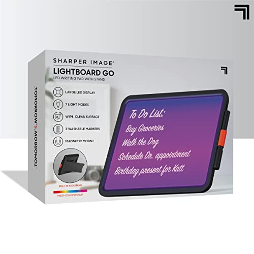 Sharper Image LightBoard LED Writing Pad with Stand, Includes 3 Washable Markers, 7 Light Modes & Magnetic Mount, Wipe Clean Surface, Perfect for Messages, Grocery Lists, Notes, Affirmations