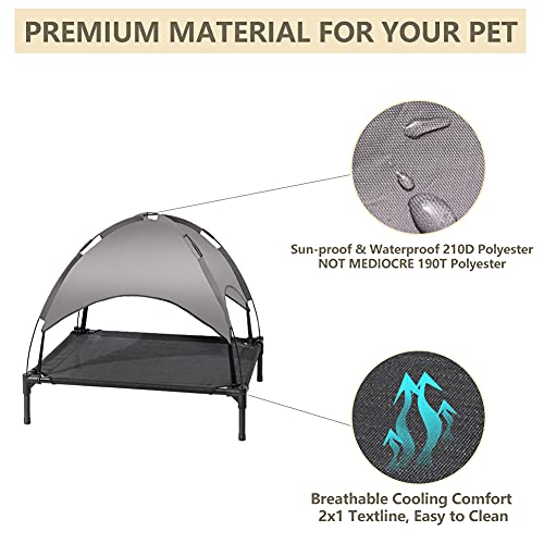 Zooba 31" Elevated Outdoor Dog Bed with Canopy, Cooling Raised Pet Cot with Removable Sunshade for Camping, Deluxe 600D PVC with 2x1 Textilene with Carrying Bag