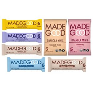 madegood healthy snacks variety pack, 40 ct – organic assortment of granola bars, granola mini snack packs, crispy squares; individually wrapped snacks