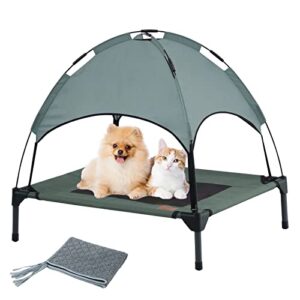 elevated dog bed with removable canopy,m size portable dog bed for outdoor camping hiking,600d breathable mesh fabric and sunshine prevention,raised mesh pet cot with shade tent for medium dogs