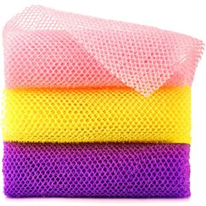 3 pieces african bath sponge african net long net bath sponge exfoliating shower body scrubber back scrubber skin smoother,great for daily use (pink ,yellow,purple)