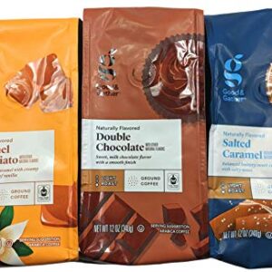 Good & Gather 3 Pack 12 oz Flavored Ground Coffee, Caramel Macchiato, Double Chocolate, Salted Caramel, Light Roast, Fair Trade Certified Arabica Coffee