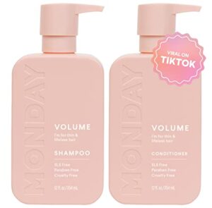 monday haircare volume shampoo + conditioner set (2 pack) 12oz each for thin, fine, and oily hair, made from coconut oil, ginger extract, & vitamin e, 100% recyclable bottles