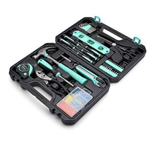 amazon basics household tool kit with tool storage case – 142-piece, turquoise