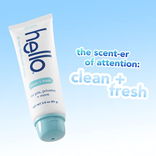 hello All Over Clean & Fresh Deodorant Cream, Aluminum Free Deodorant Cream for Pits, Privates + More, Offers 72 Hours of Freshness, Safe for Sensitive Skin, Vegan, 1 Pack, 3 Oz Tube